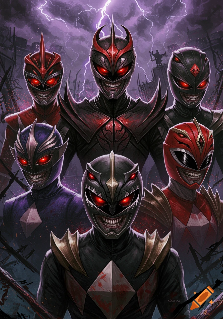 Monstrous Power Rangers with sharp teeth and red eyes stand in a stormy ...