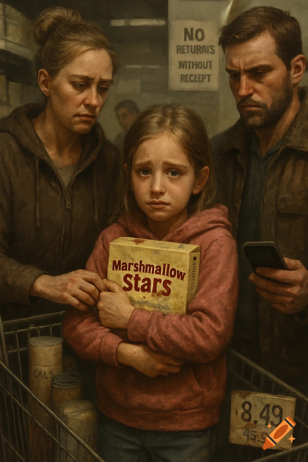 Emotional portrait of a sad girl holding cereal, standing with her ...