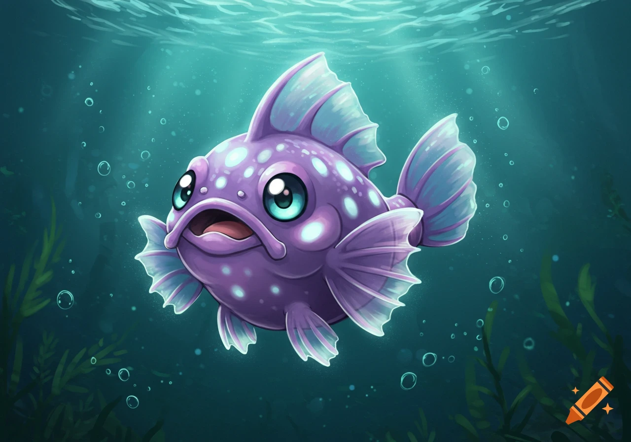 A cute purple cartoon fish with big eyes swims underwater among bubbles ...