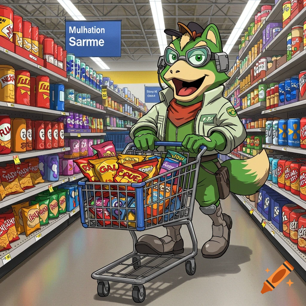 Cartoon fox character pushing a cart full of snacks down a grocery ...