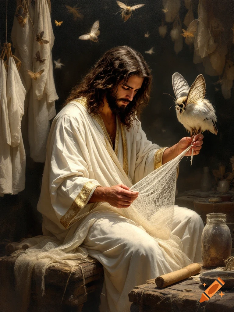 Jesus sits holding a moth while others fly around, antique oil painting ...