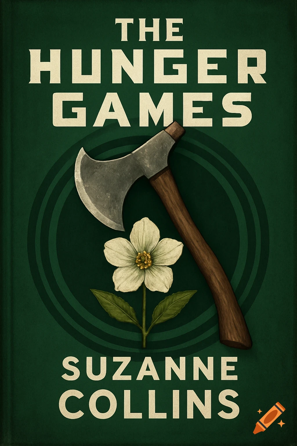 Green book cover for The Hunger Games with an axe and a white flower on ...