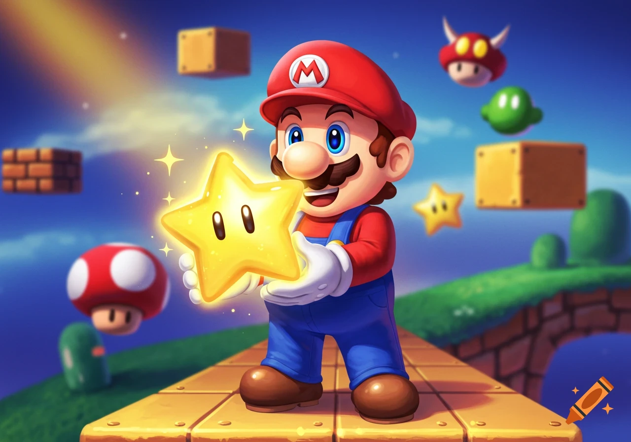 Mario holds a glowing star in a bright Super Mario world scene. on Craiyon