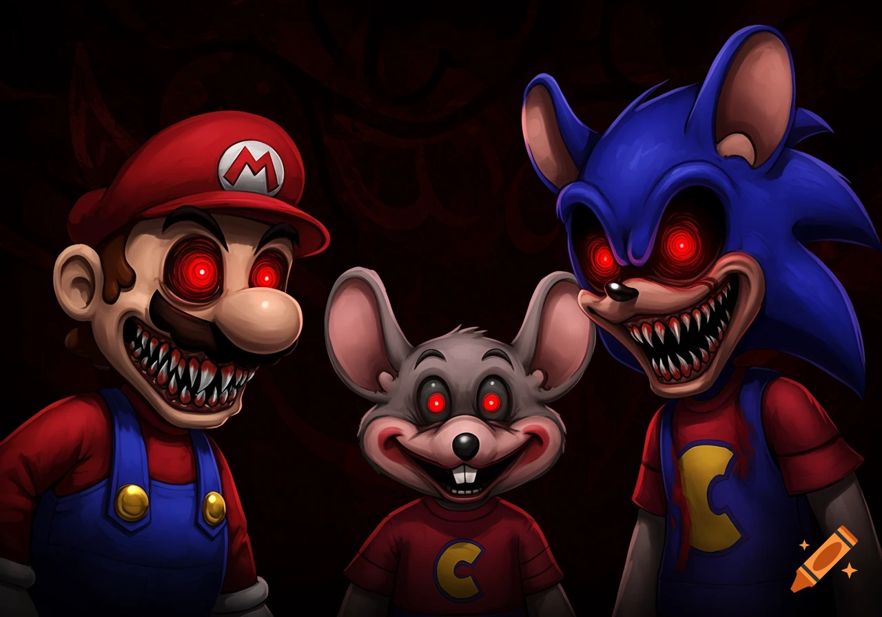 Creepy, monstrous versions of Mario, Sonic, and Chuck E. Cheese with ...