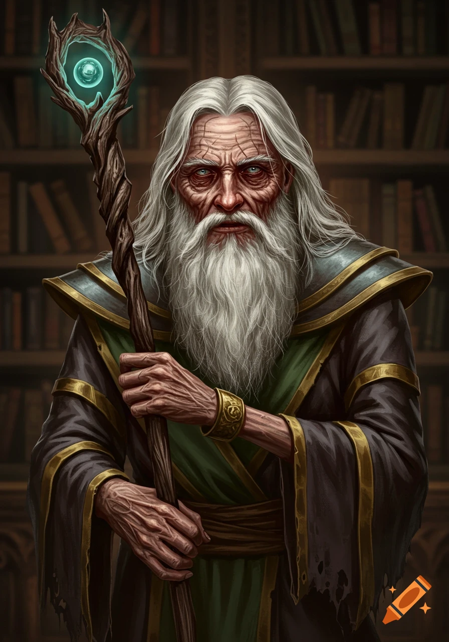 A detailed illustration portrait of an old wizard with a staff in a ...