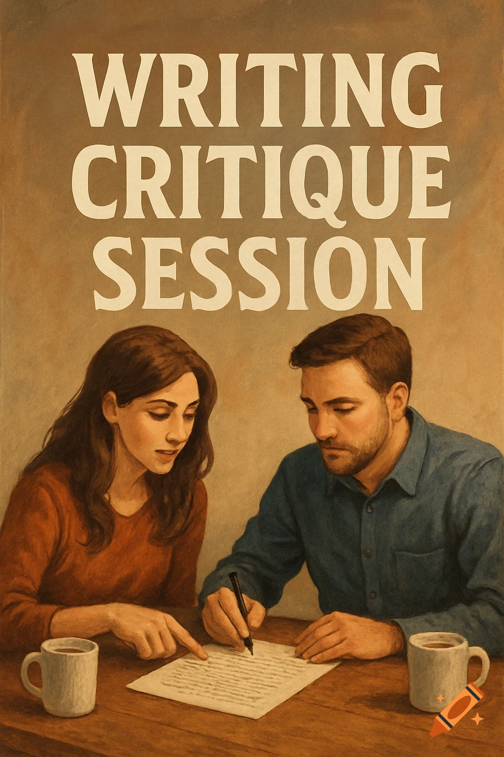 Illustration of a man and woman at a table with text 'WRITING CRITIQUE ...