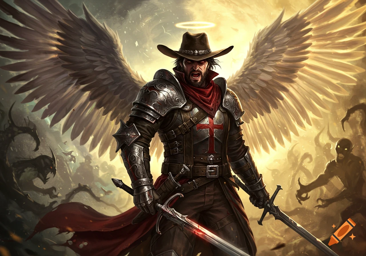 A fantasy warrior with angel wings, a halo, and a cowboy hat fights ...