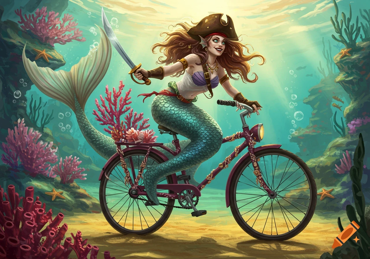 A pirate mermaid rides a bicycle underwater, holding a sword. on Craiyon
