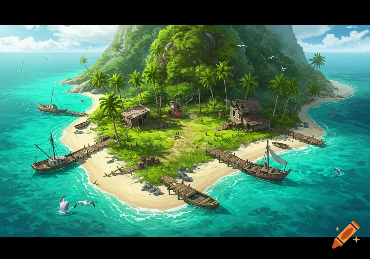 Tropical island with huts, docks, and boats in clear blue water ...