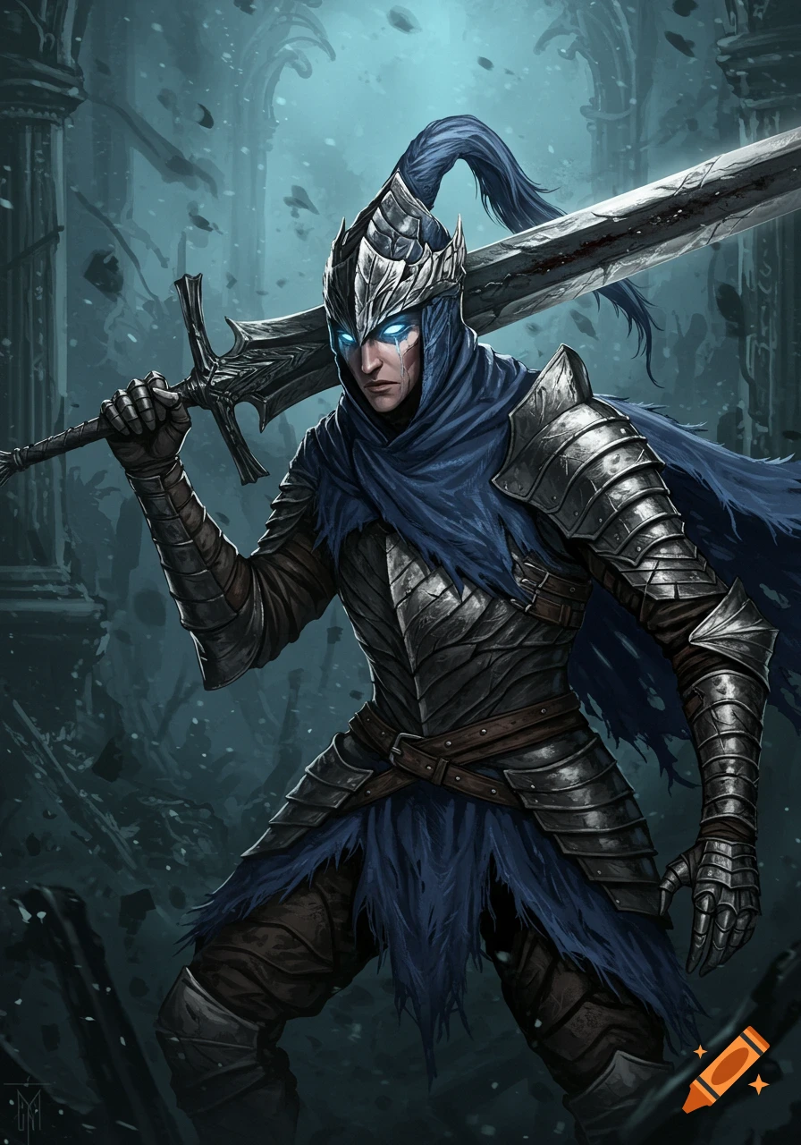 Digital painting of a knight in dark armor with a blue scarf and glowing eyes, holding a ...