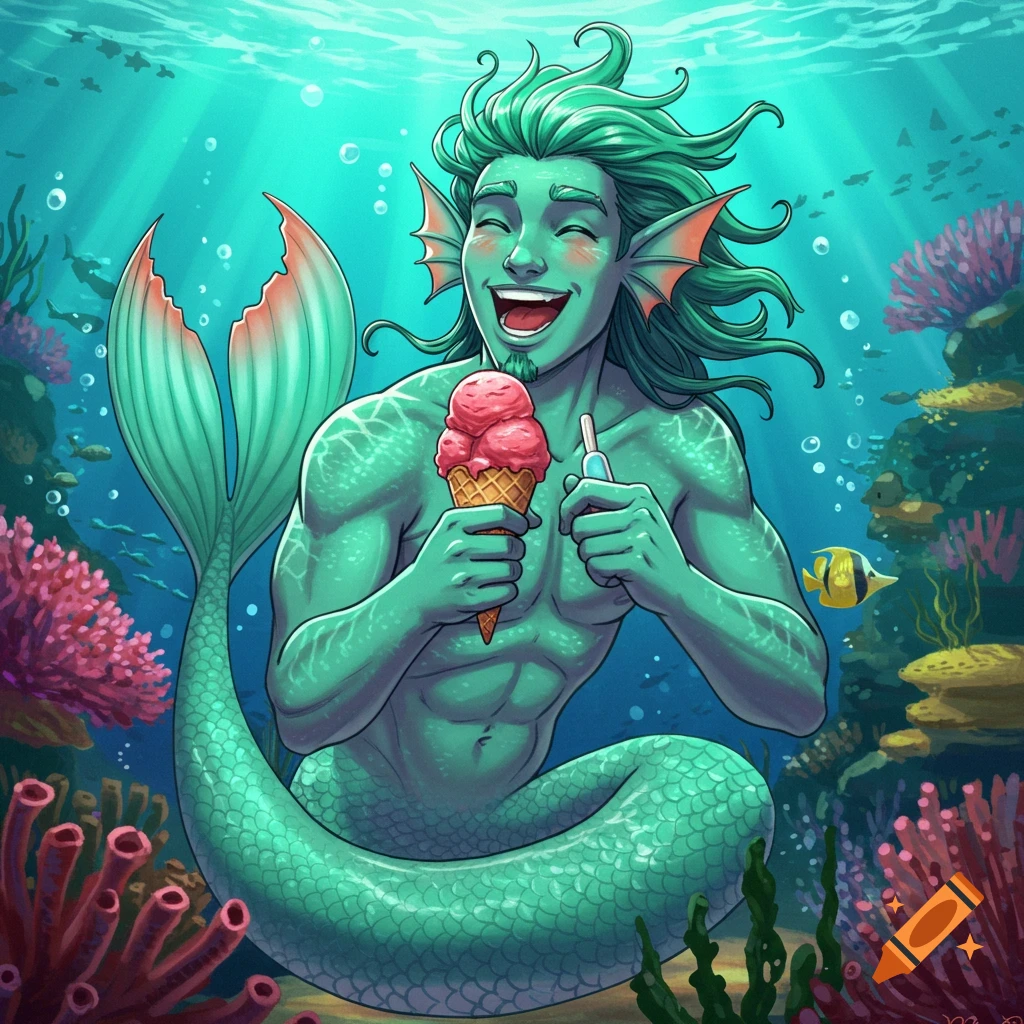 Illustration of a merman eating ice cream underwater among coral reefs ...