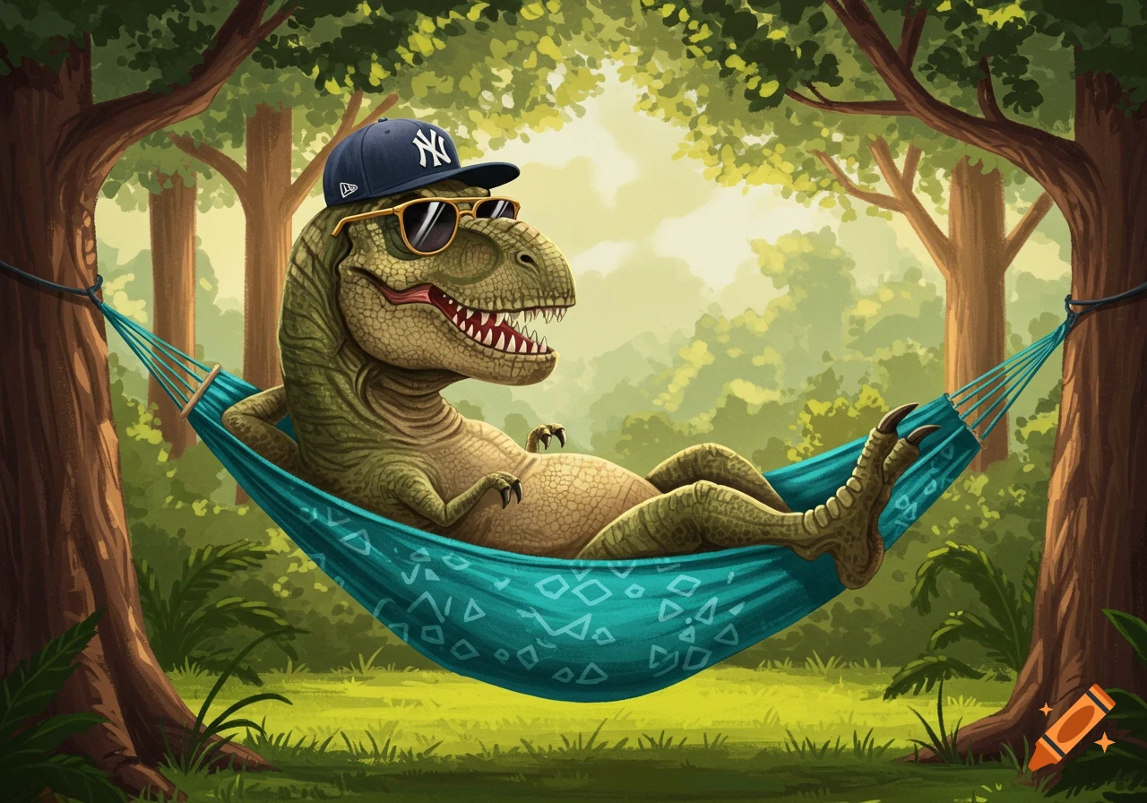 A cartoon T-Rex wearing a Yankees hat and sunglasses relaxes in a ...