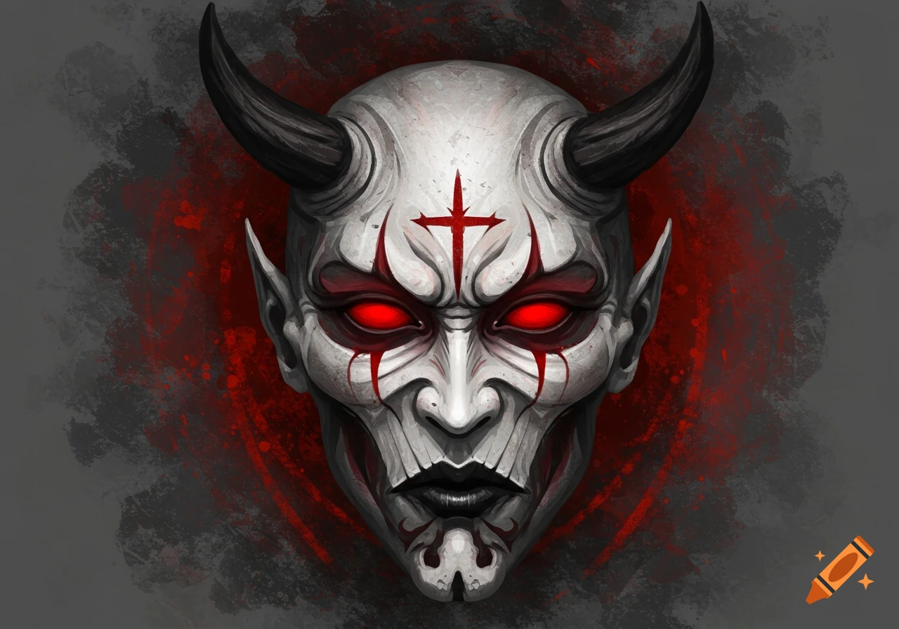 Stylized white demon mask with red eyes, horns, black lips, and a red ...