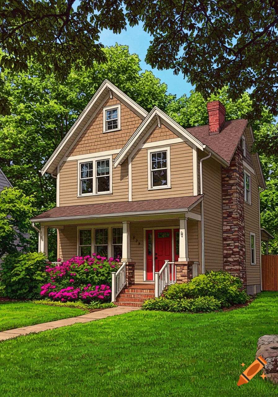 An illustration of a tan house with a red door, front porch, and green ...