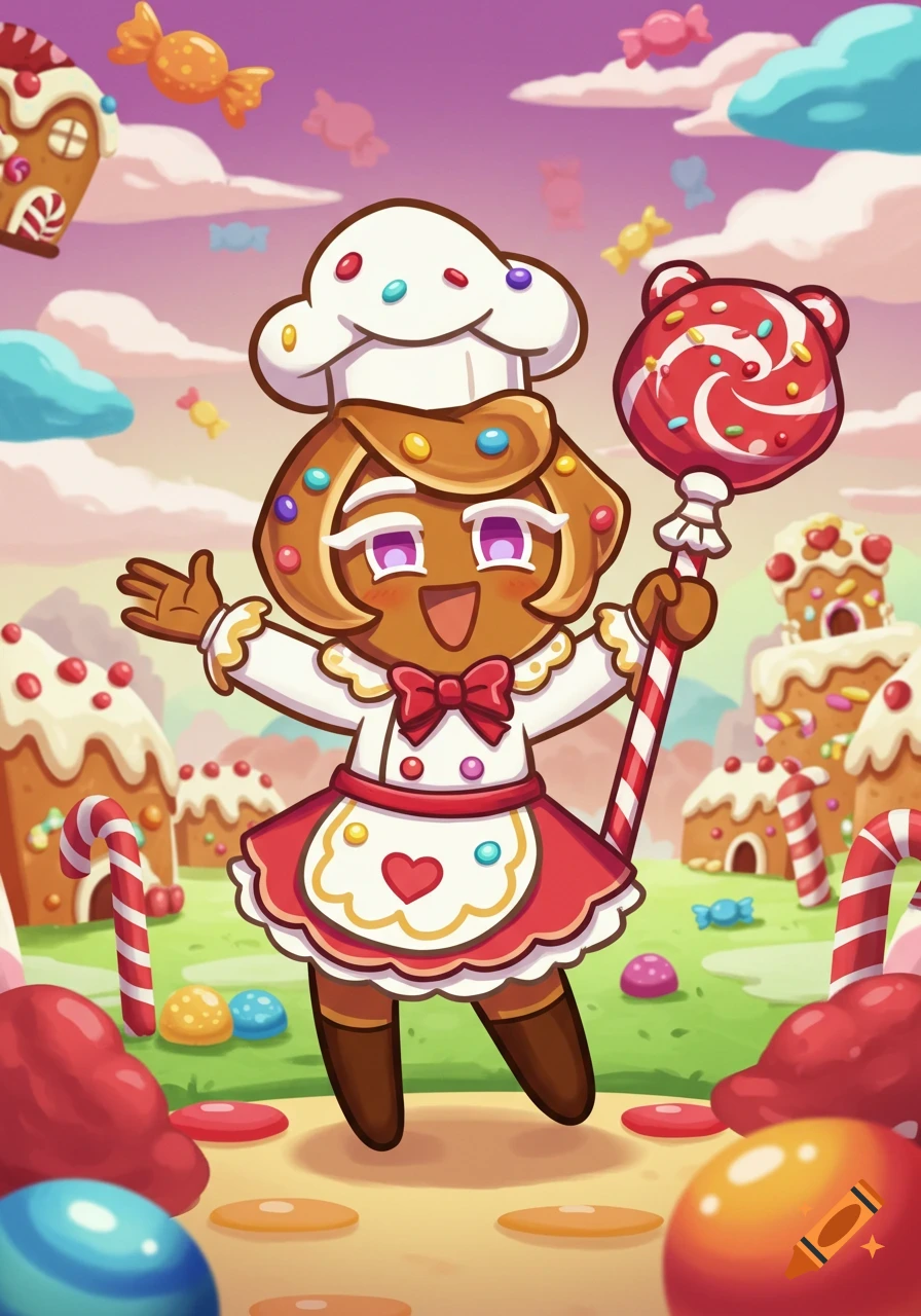 Cartoon cookie character in chef hat holding a lollipop in a candy land ...