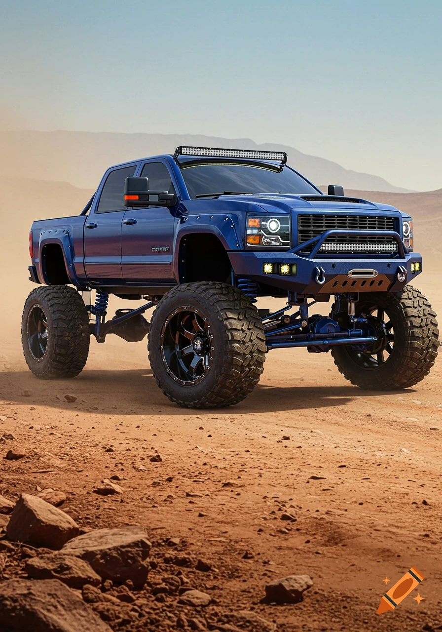 Blue lifted pickup truck in a desert landscape, photorealistic style ...