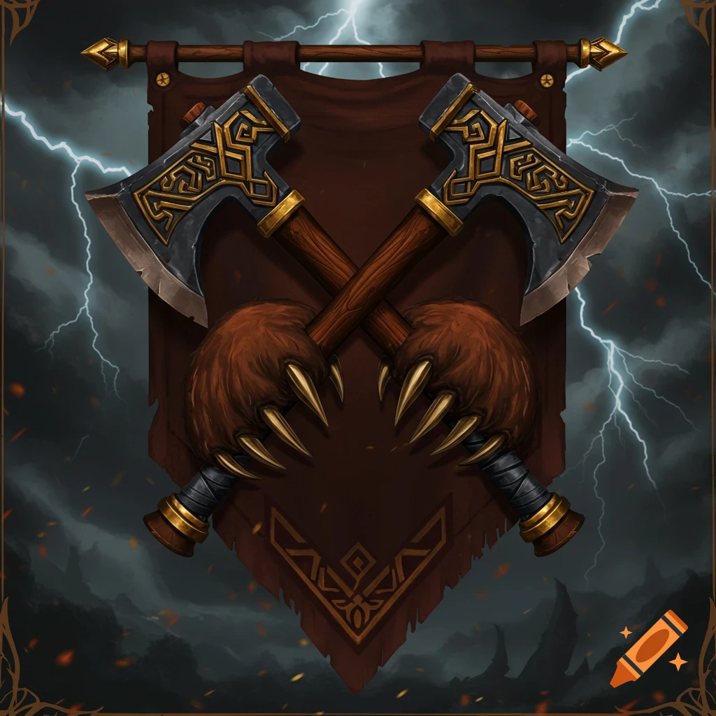 Fantasy illustration of a dwarven banner with crossed axes and bear ...