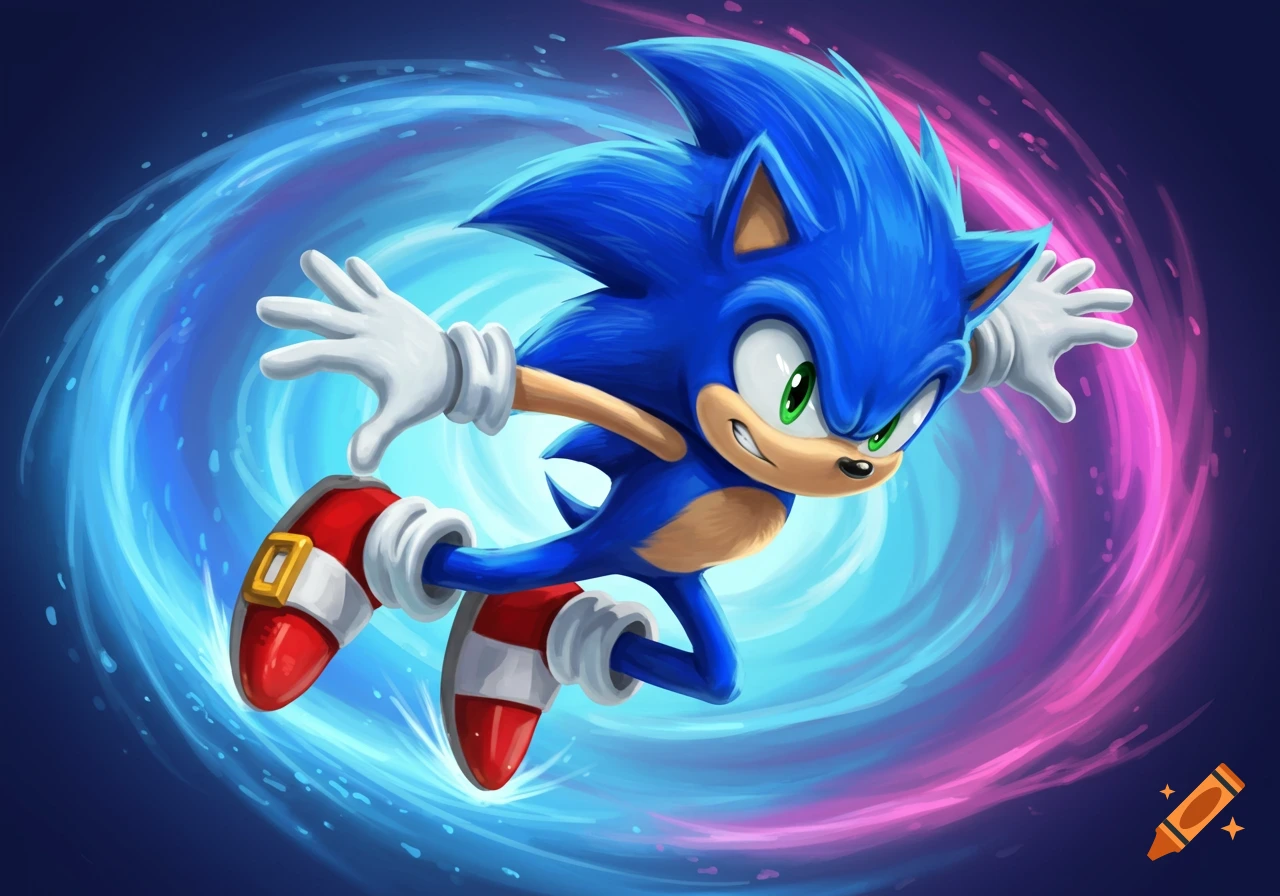 Blue hedgehog Sonic leaps through a swirling blue and pink vortex. on Craiyon