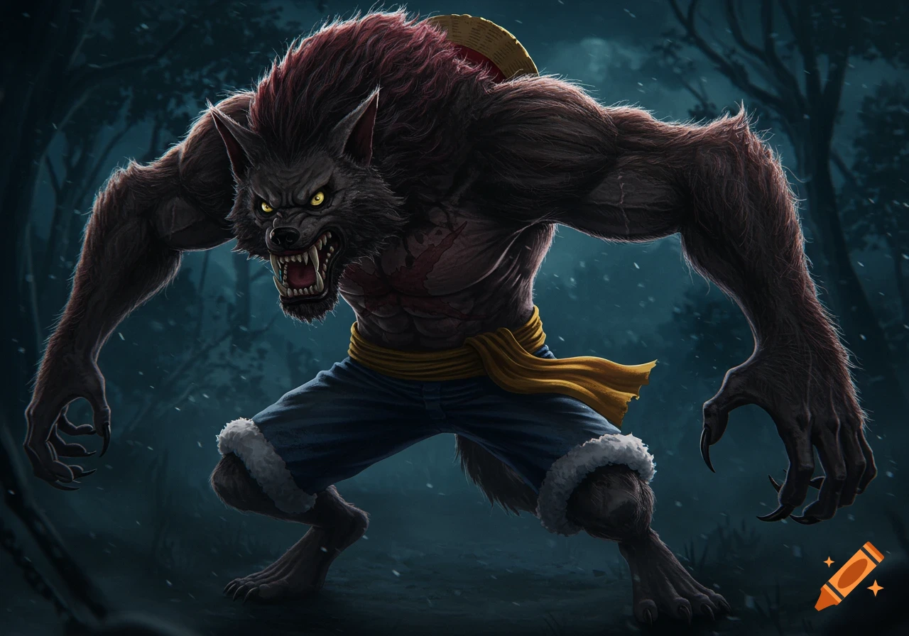 Werewolf version of One Piece character Luffy in a snowy forest on Craiyon
