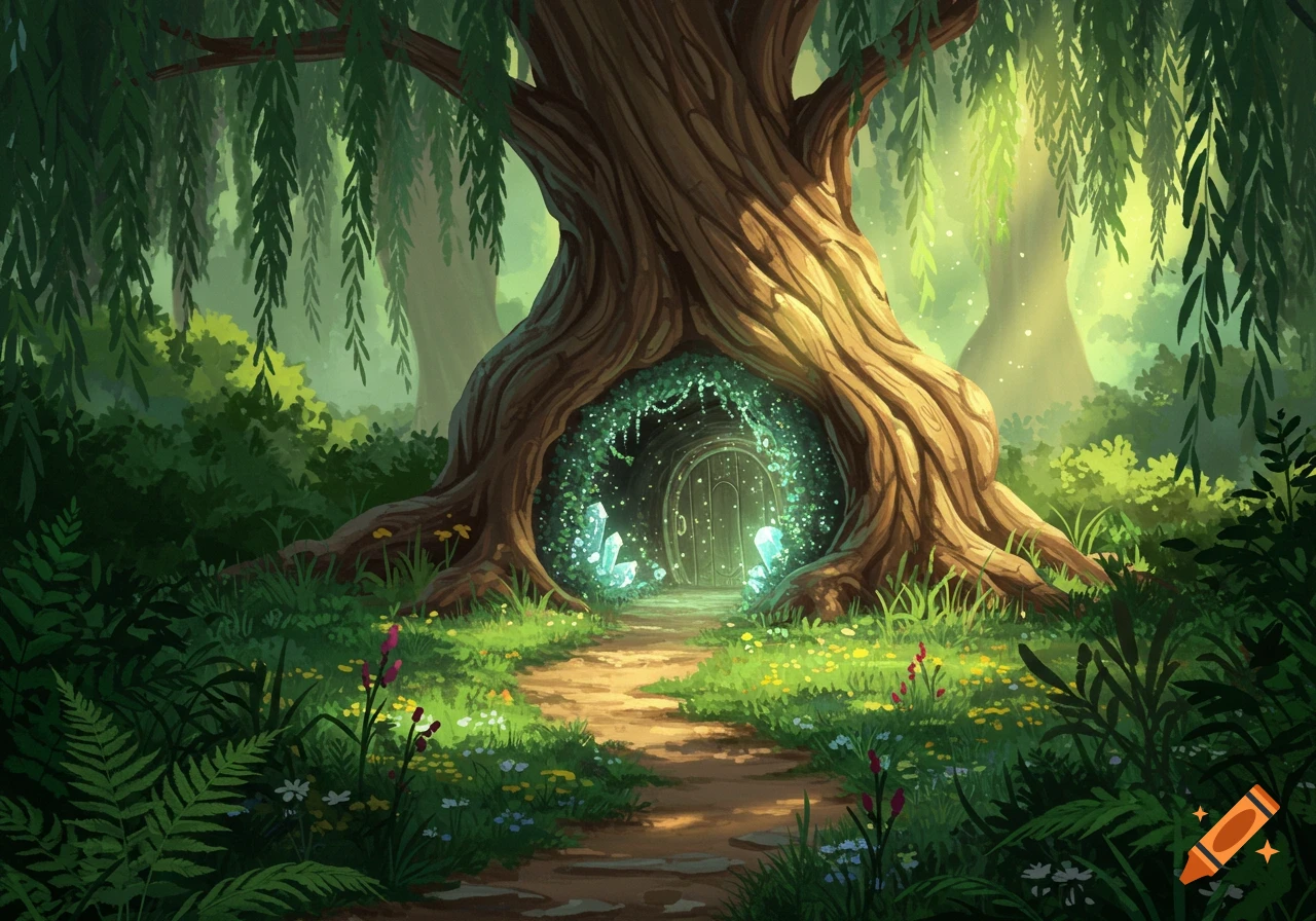 A forest path leads to a glowing door in a large willow tree ...