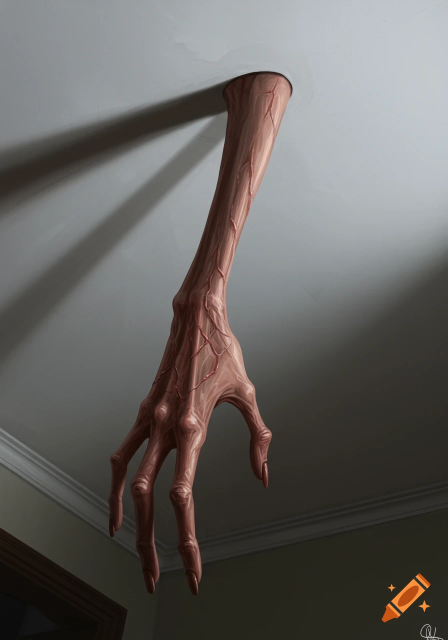 A creepy, malformed hand and arm reaching down from a hole in the ...