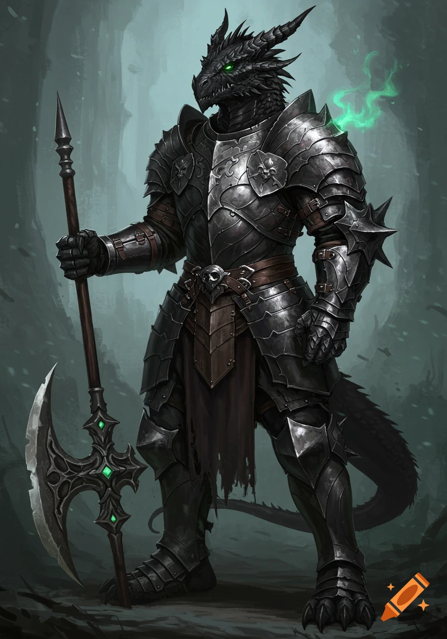 A black dragonborn in heavy steel plate armor holds a halberd. Their ...
