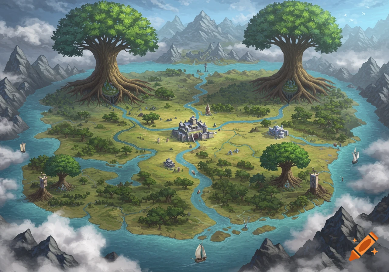 An illustrated fantasy map featuring large deity trees, rivers ...