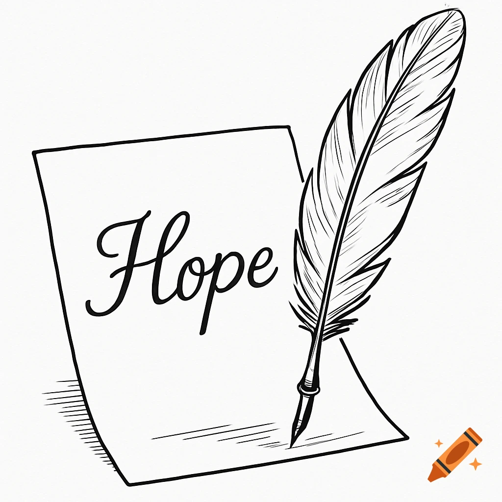 Black and white outline illustration of a quill writing the word 'Hope ...
