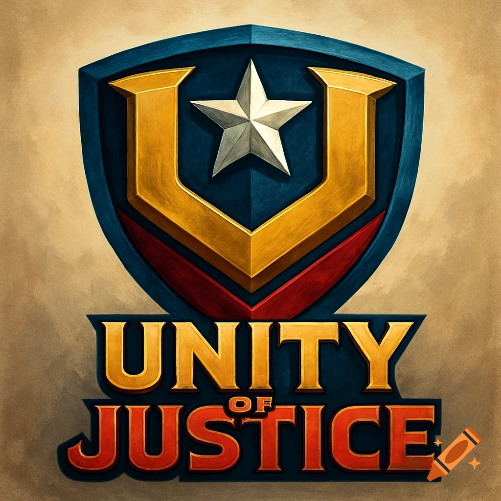 Superhero logo with a shield, star, and the words 'Unity of Justice' in ...