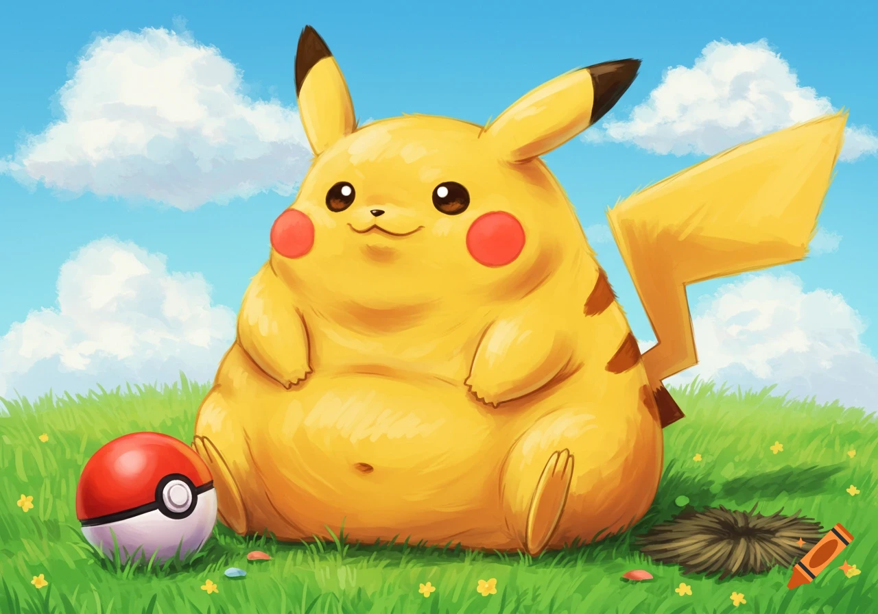 Cartoon illustration of a very fat Pikachu sitting next to a Pokeball in a grassy field. on Craiyon