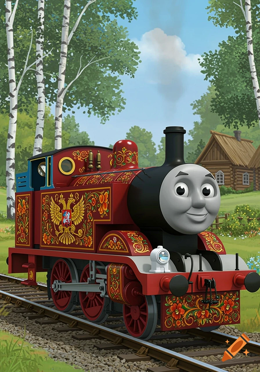 A red Thomas the Tank Engine decorated with Russian folk art patterns ...