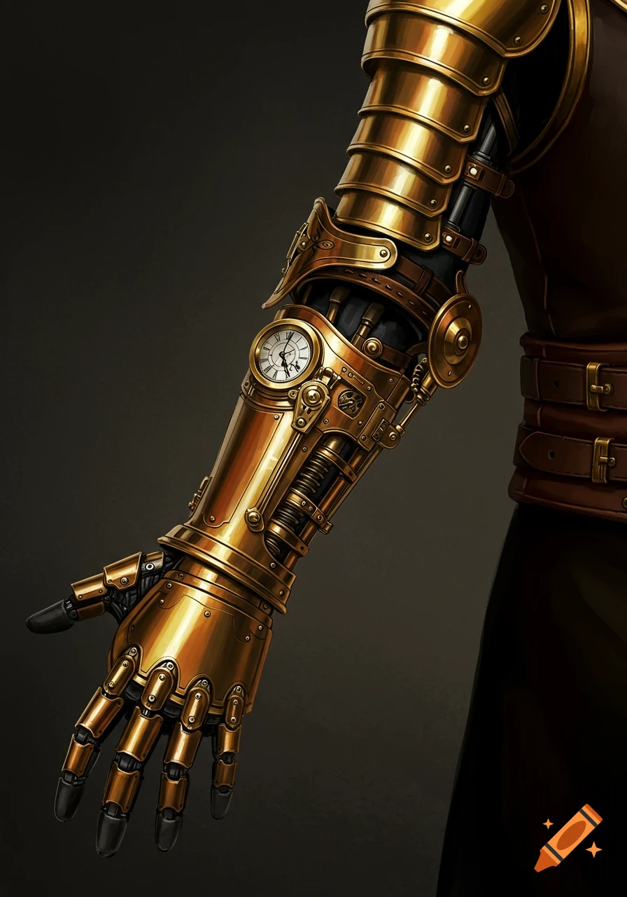 A detailed golden steampunk clockwork arm with armor and a clock on the ...