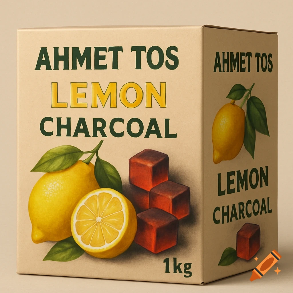 Ahmet Tos Lemon Charcoal 1kg box packaging with illustrations of lemons and glowing charcoal ...