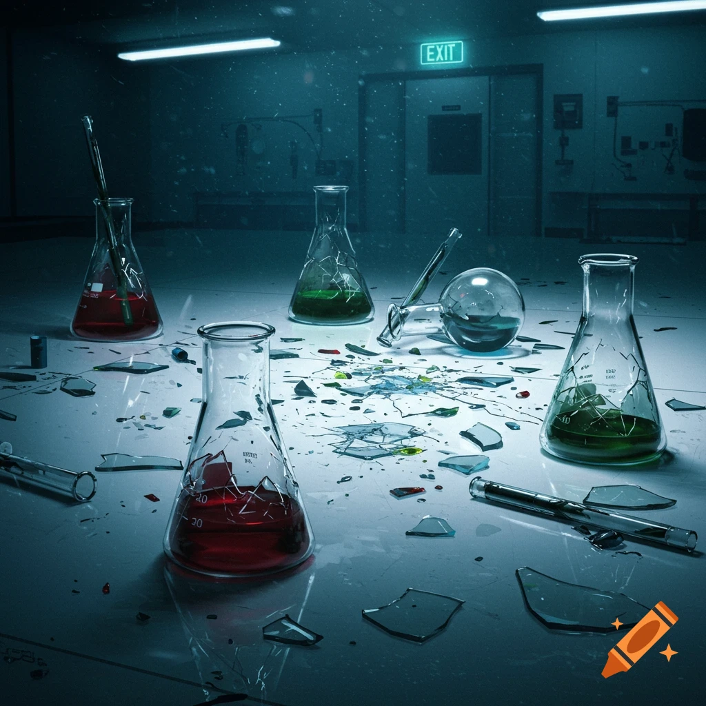 Broken beakers, test tubes, and scattered glass shards lie on the floor ...