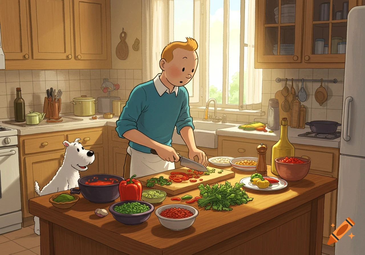 Tintin and Snowy cooking vegetables in a bright kitchen. on Craiyon