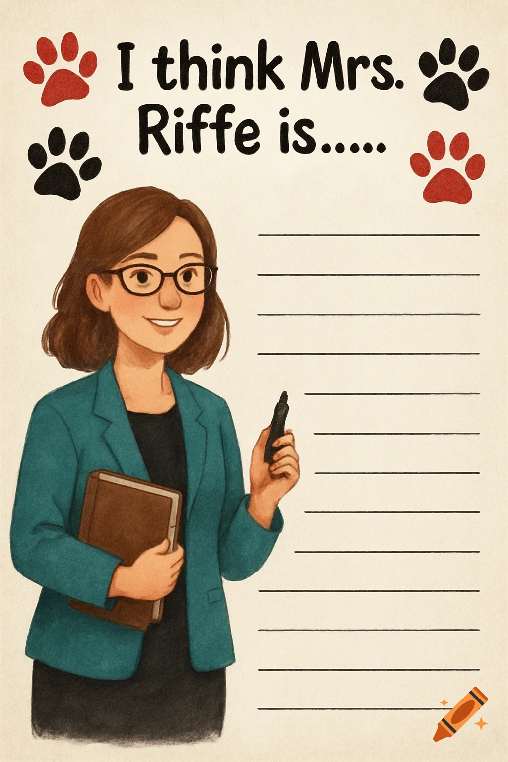 Cartoon illustration of a teacher with a book and pen, paw prints, and ...