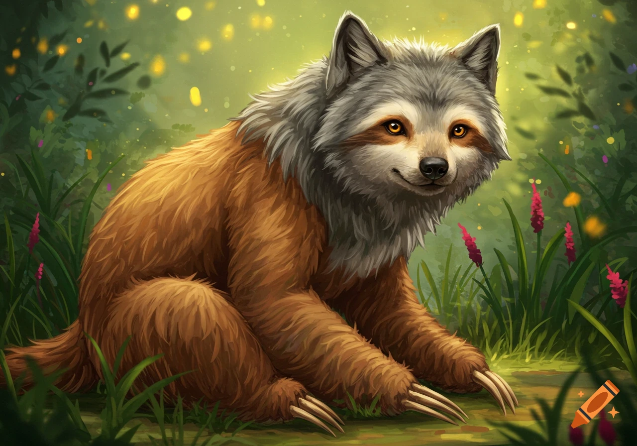 A fantasy creature, a wolf-sloth hybrid, sits in a sunlit forest. on ...