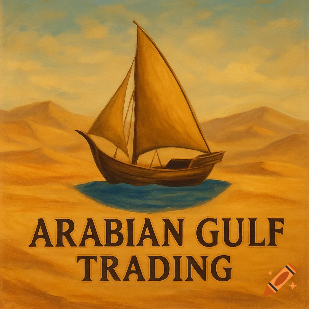 Painted logo of a sailboat on water in a desert landscape with the text ARABIAN GULF TRADING. on ...