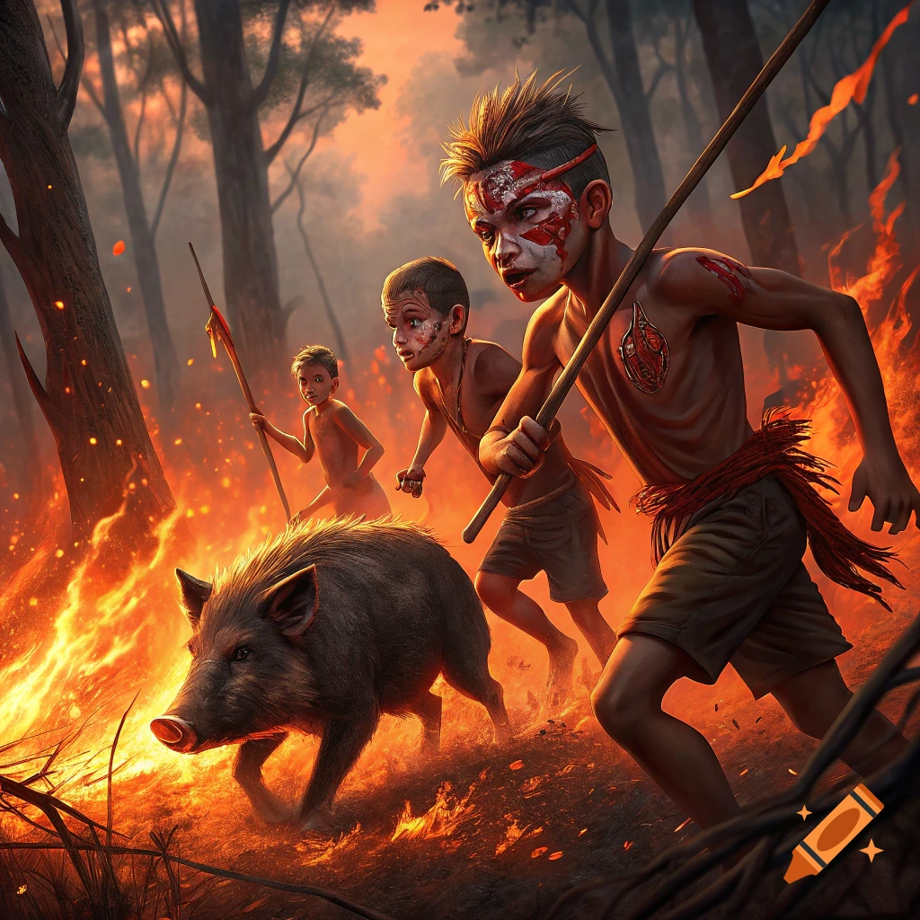 Illustration of boys with spears and face paint hunting a boar in a ...