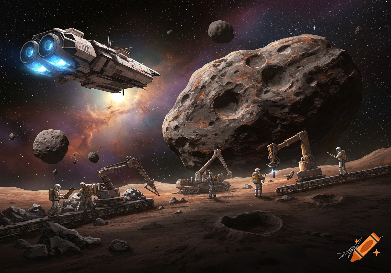 A spaceship flies over astronauts mining a large asteroid in space with nebula clouds. on Craiyon