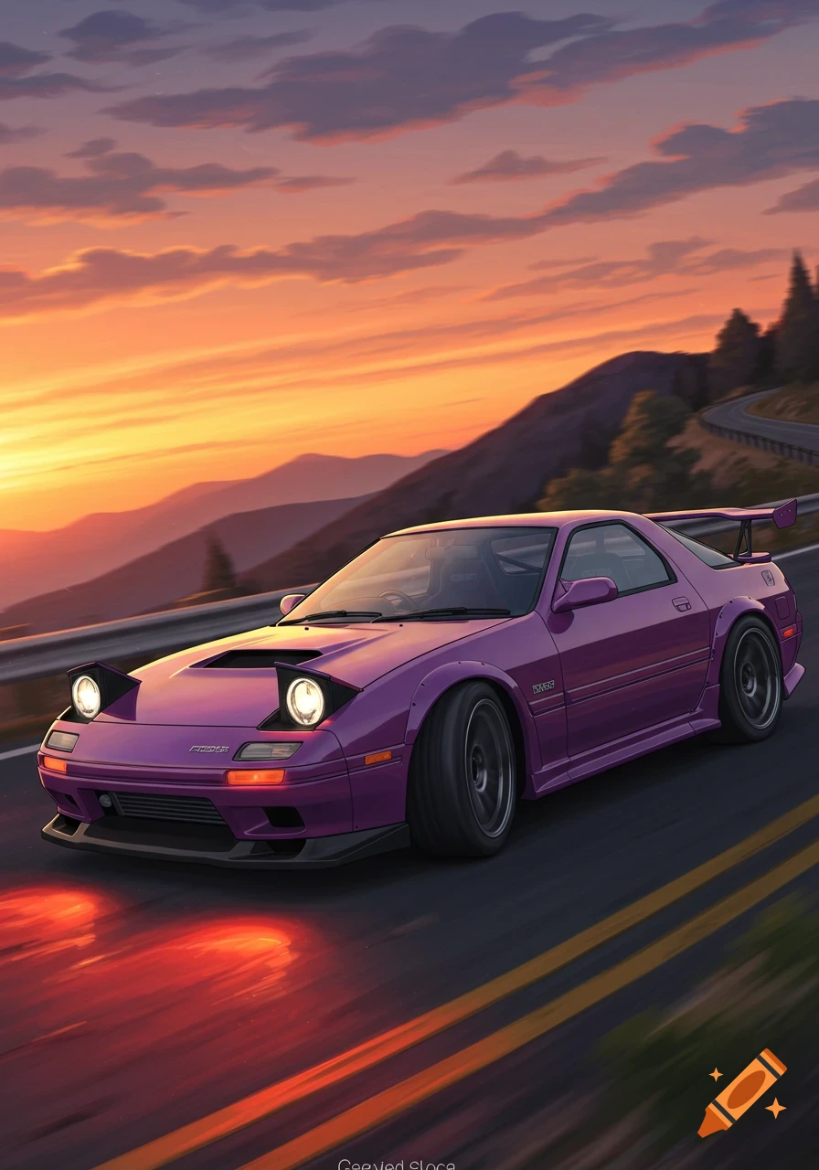 A purple Mazda RX-7 drives on a mountain road at sunset in a digital ...