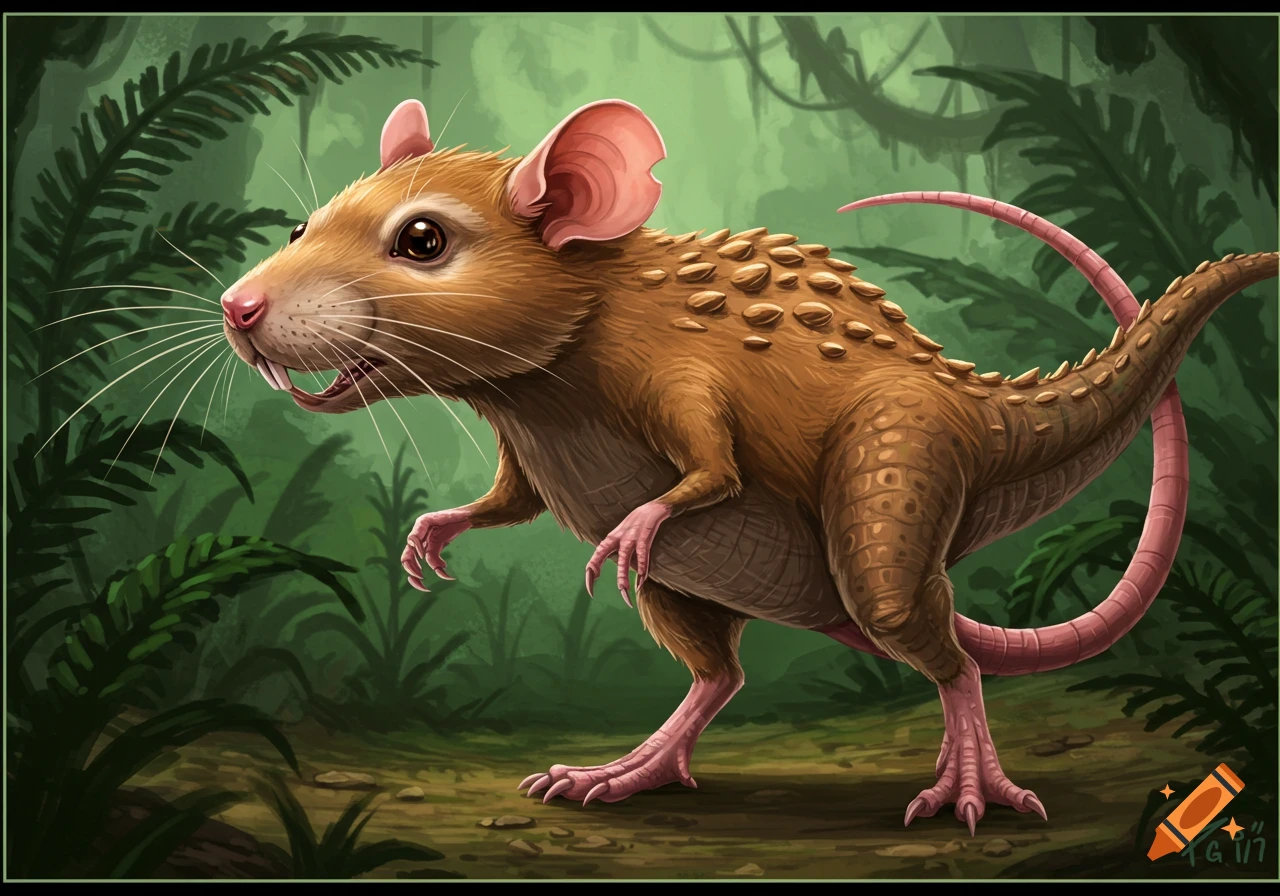 Fantasy creature hybrid of a rat and dinosaur standing in a jungle on ...