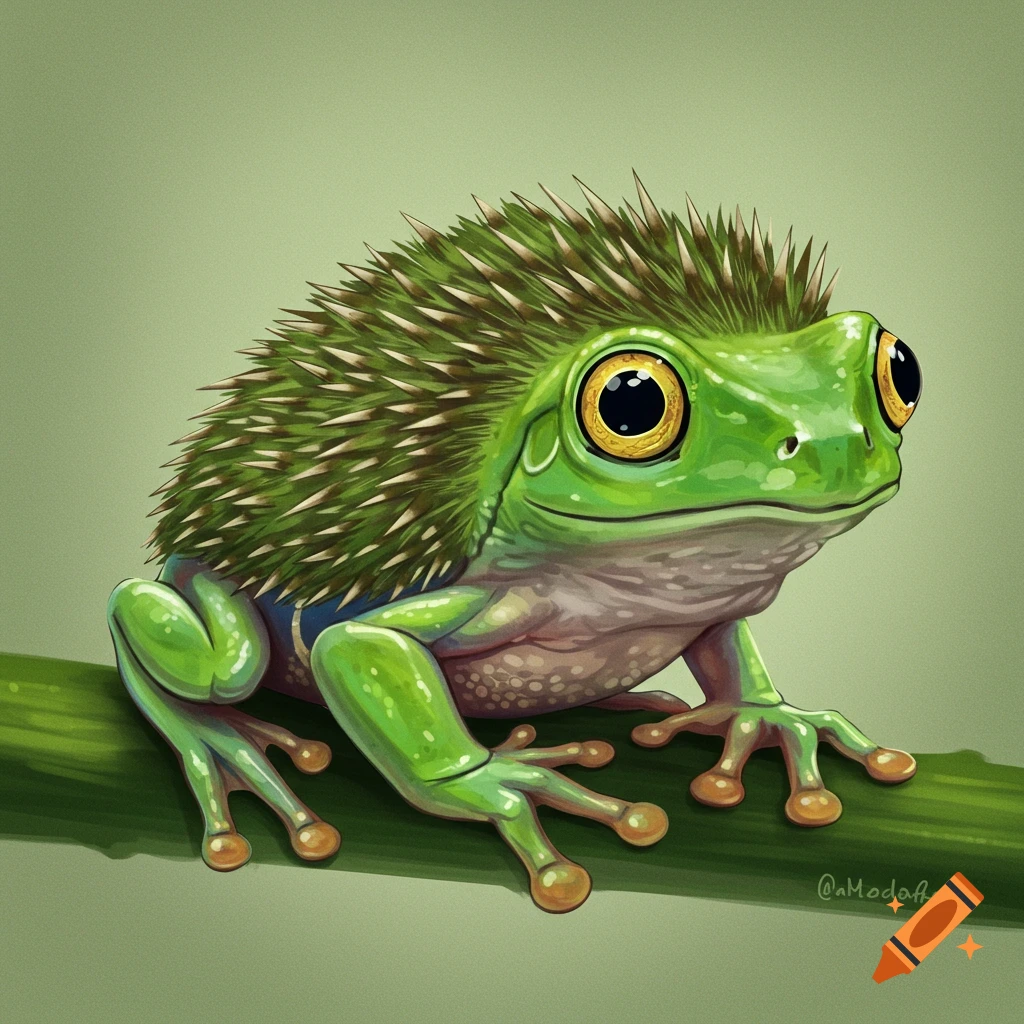 Illustration of a green tree frog with hedgehog spikes on its back ...