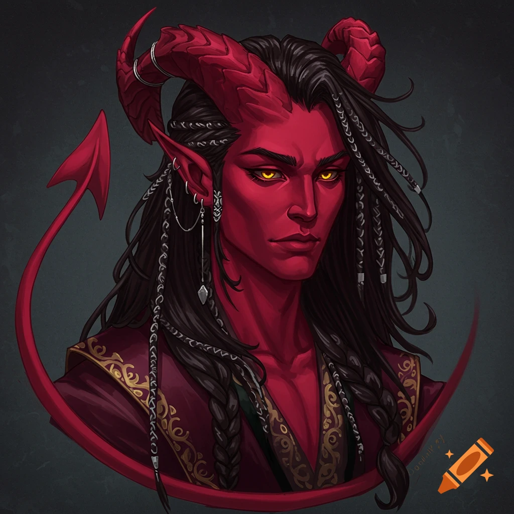Portrait of a fantasy character with red skin, horns, glowing eyes, and braided hair. on Craiyon