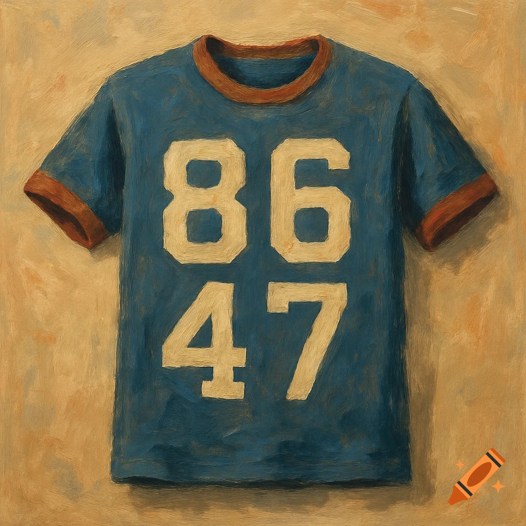 A blue t-shirt with the numbers 86 and 47 in a painted style. on Craiyon
