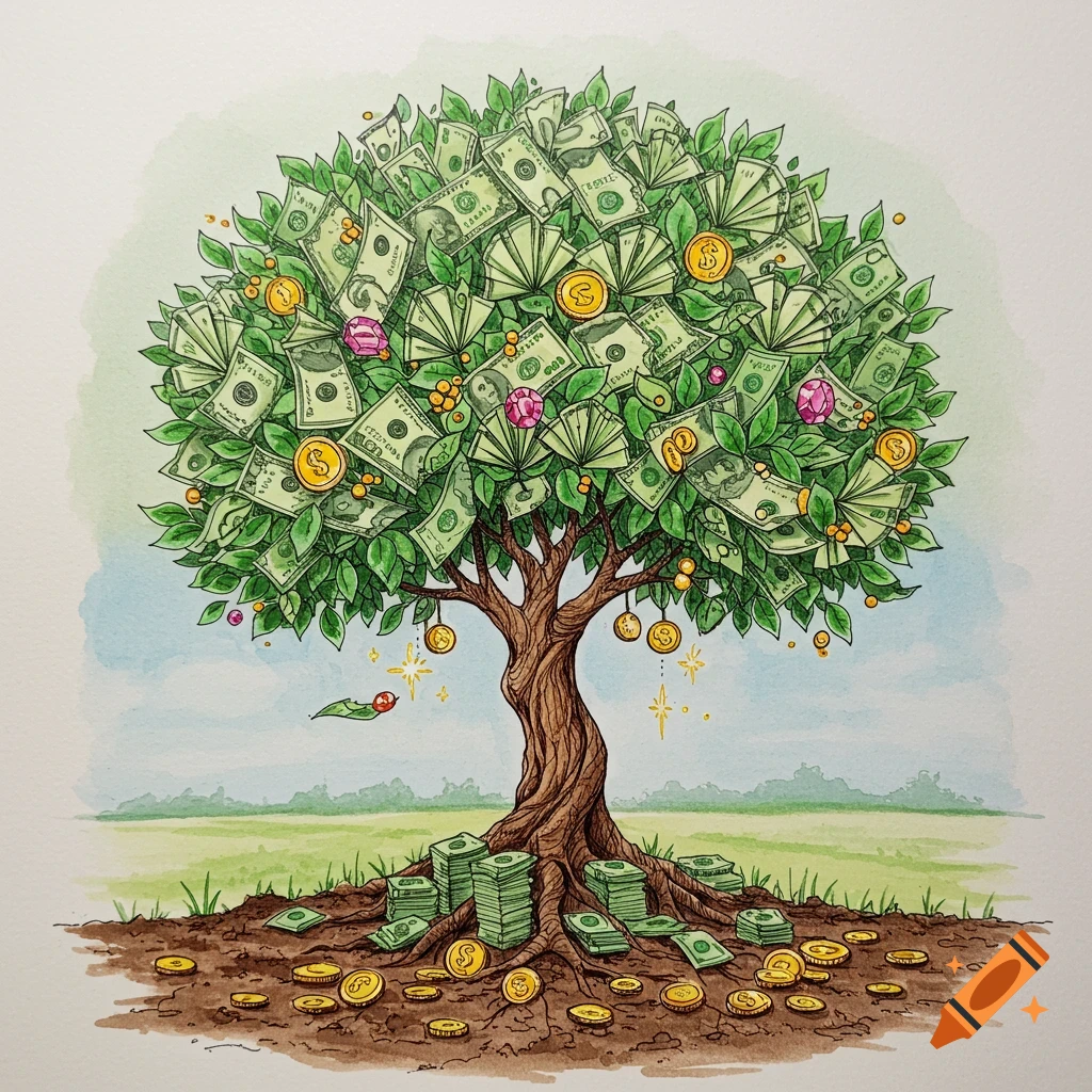 Watercolor illustration of a money tree with dollar bills for leaves ...