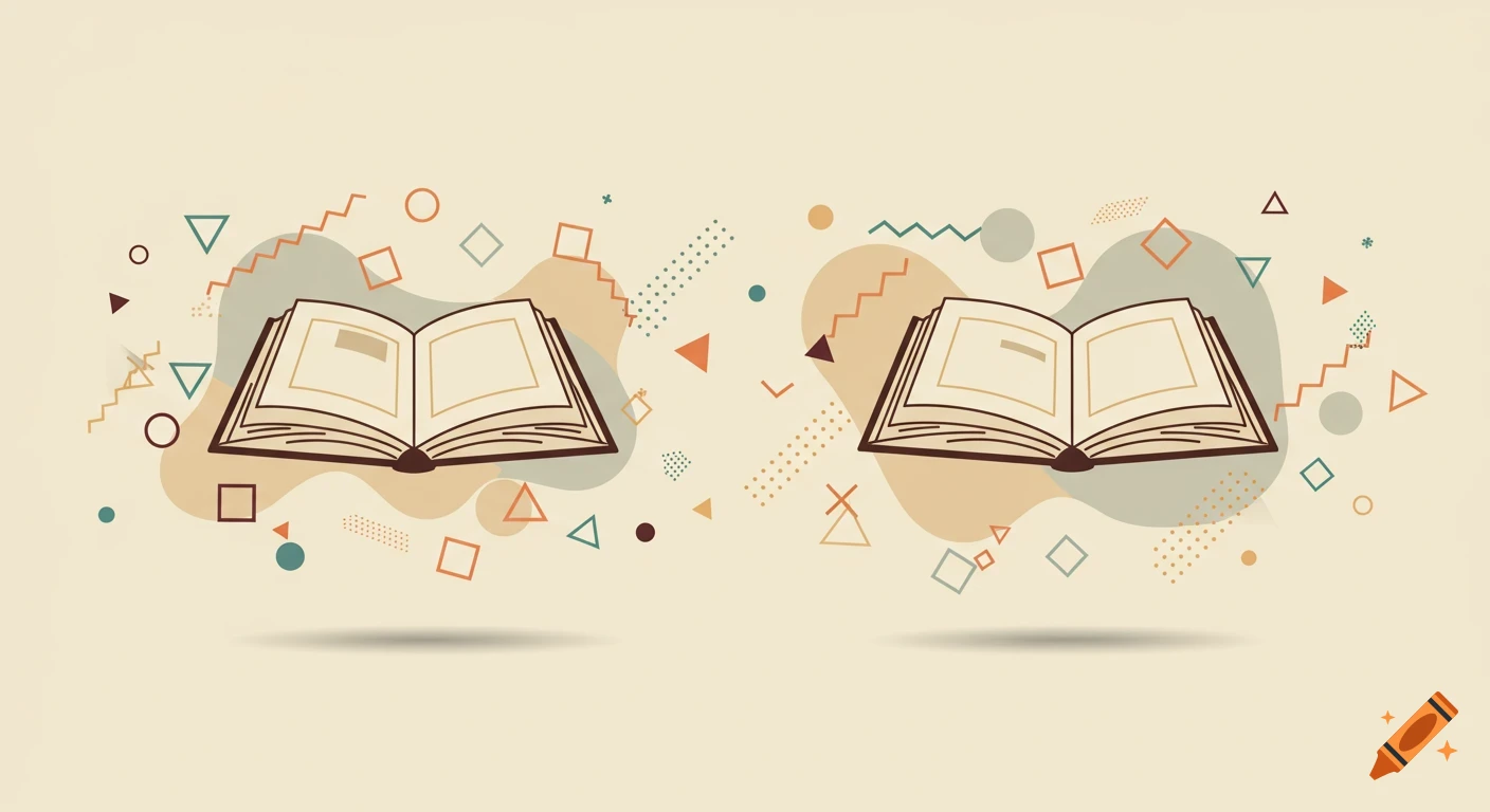 Two open books centered, surrounded by hollow geometric shapes like ...