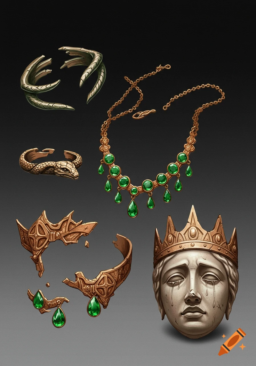 Fantasy relics including a snake bracelet, gold and emerald necklace ...