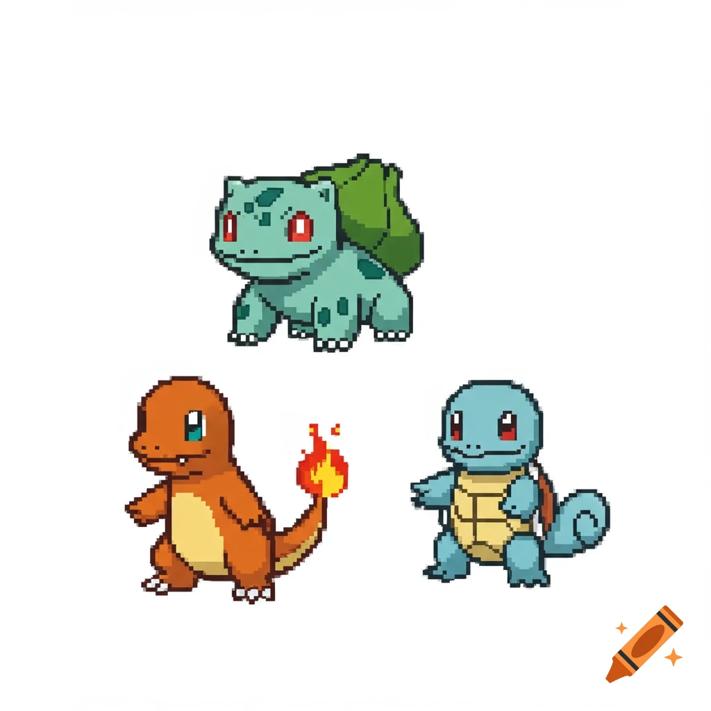 Pixel art sprites of the Pokemon starters Bulbasaur, Charmander, and ...