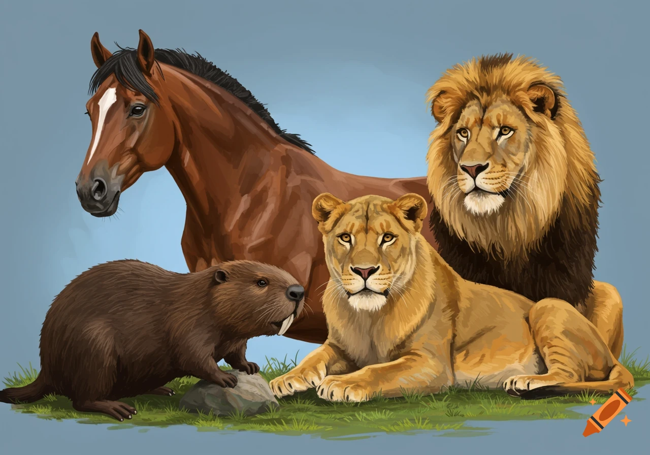 A digital illustration of a beaver, horse, lion, and lioness on grass ...